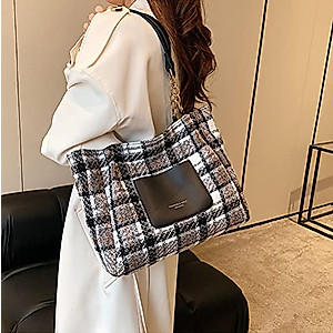 RTGGSEL Plaid Striped Woolen Cloth Shoulder Handbags for Women Tote Purse Ladies Designer Satchel Hobo Bag with Chain Strap Gift (Grey)