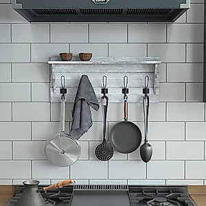 Flash Furniture Daly Wall Mounted Storage Rack - Whitewashed Solid Pine Wood - 24 Inch - Upper Shelf and 5 Hooks - For Entryway, Kitchen, Bathroom