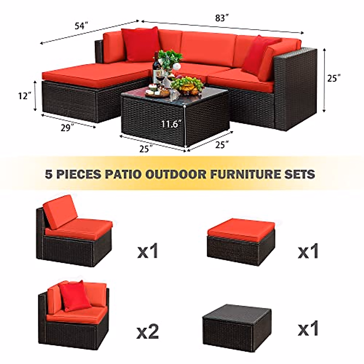 Tuoze 5 Pieces Patio Furniture Sectional Outdoor All-Weather PE Rattan Wicker Lawn Conversation Cushioned Garden Sofa Set with Glass Coffee Table (Red)