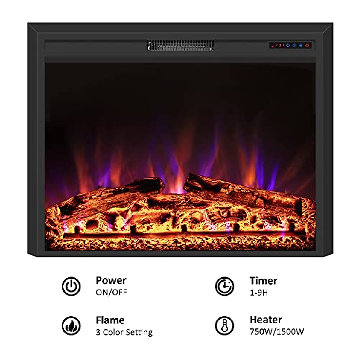 Psrimaster 28” Electric Fireplace Inserts with Remote Control, Touch Screen, Overheating Protecting, 3 Color Flame, 9H Timer, Indoor