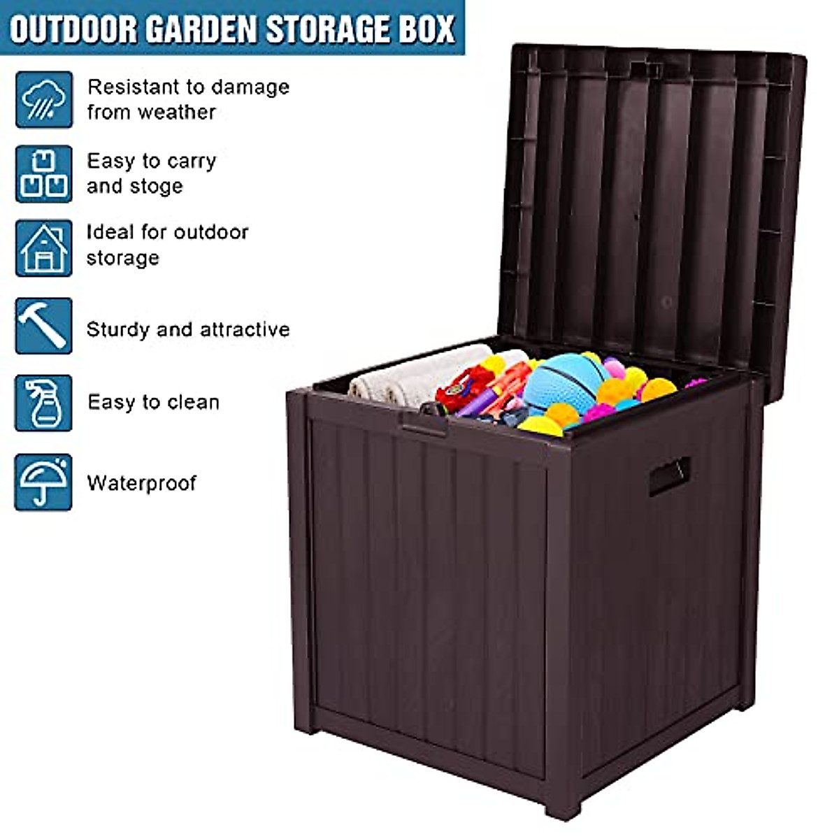 Volowoo 51Gallon Small Deck Box,Waterproof Plastic Lockable Indoor/Outdoor Storage Container and Seat for Patio Cushions and Gardening Tools,Store Items on Patio, Garage, Yard (Brown)