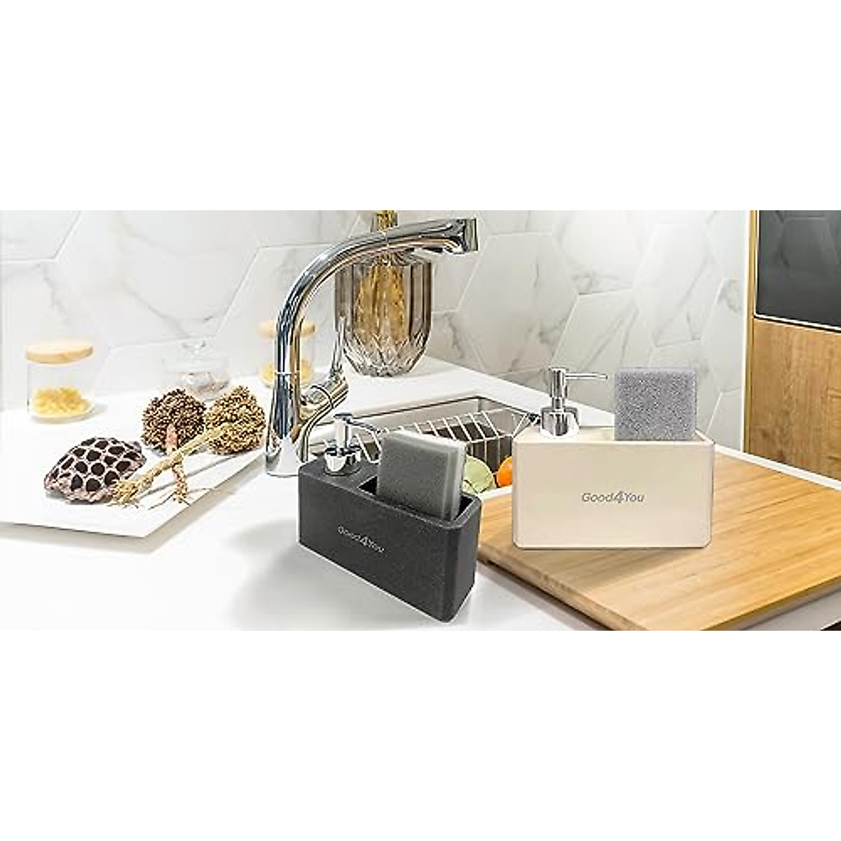 GOOD4YOU Lot of Two Manual Soap Dispenser, Organizer on Countertop, 2-in-1 Manual Dish Soap Dispenser and Sponge Holder, Durable ABS Material, Countertop for Kitchen & Bathroom