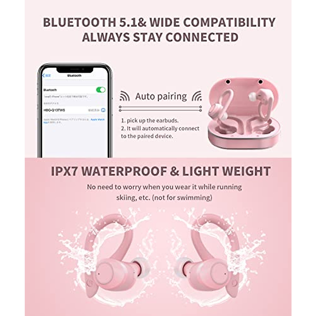 Wireless Earbuds, Bluetooth 5.1 Sport Headphones with mic, Noise Cancelling Touch Control in-Ear Bluetooth Earphones, Type-C Charging Wireless Headphones Auto Pairing, Stereo Headset for Gym