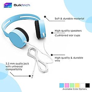 Bulktech 728 Stereo Headset for Kids, Children and Teens - Tangle-Free Wired Cord On-Ear Headphones with 3.5mm Jack for Smartphones, Tablets, School, Kindle, Airplane Travel - 1 Pack Blue