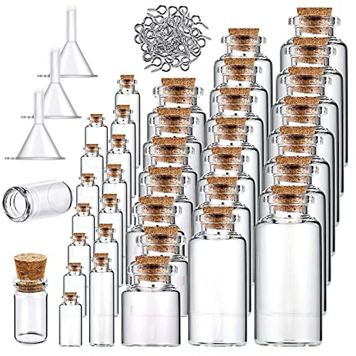 45 Pieces Mini Glass Bottles Clear Small Wishing Jars with Cork Stoppers Cork Glass Bottles with 50 Pieces Eye Screws and 3 Pieces Funnels for DIY Art Crafts Party Home Decoration, 5 Sizes