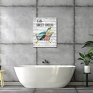 Sea Turtle Bathroom Wall Art Teal Sea Turtle Pictures Wall Decor Funny Sea Turtle in Bathtub Canvas Painting Print Artworks Coastal Beach Themed Ocean Animal Nautical Bathroom Decor Framed 12"x16"
