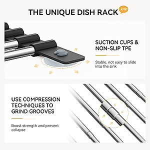 Yofidra Expandable Roll-Up Dish Drying Rack (Up to 19.6") with Expandable Storage Basket, Over-The-Sink Dish Drainer Drying Rack, Foldable Stainless Steel Kitchen Drainer - Black