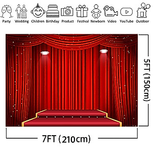 EMTOBT 7x5ft Theater Stage Backdrop Red Velvet Curtain Glittering Gold Star Spot Lights Kids Children Adult Family Birthday Carnival Baby Party Cake Table Vinyl Banner Supplies BJRLEM1560