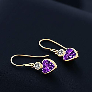 Gem Stone King 14K Yellow Gold Purple Amethyst and White Diamond French Wire Dangle Hook Earrings For Women (3.66 Cttw, Gemstone February Birthstone, Heart 6MM, Round 3MM)