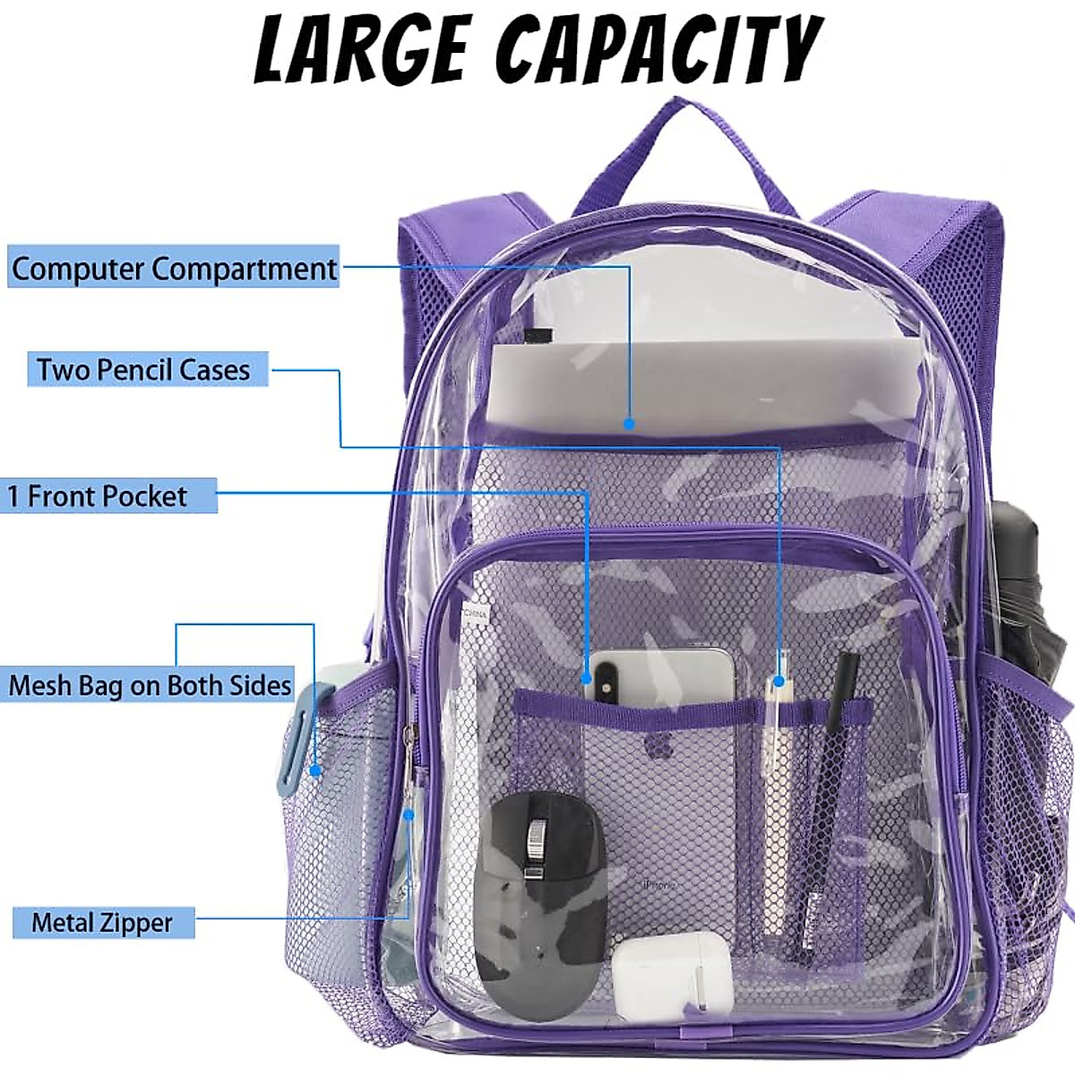 BAJNOKOU Clear Backpack Stadium Approved for Women Men Heavy Duty PVC Transparent See Through Backpacks for School Work Travel,Purple