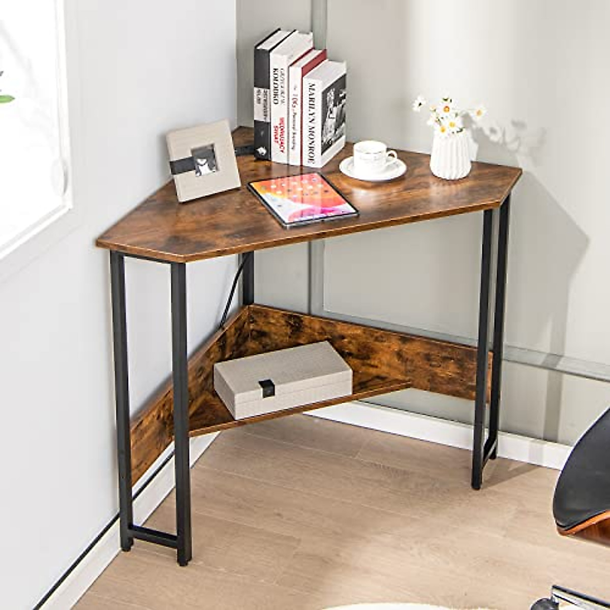 Tangkula Corner Desk with Power Outlet & USB Ports, Triangle Computer Desk with Charging Station, Storage Shelf, Space Saving Writing Desk, Vanity Table, Corner Desk for Small Space (Rustic Brown)