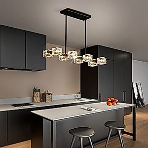 OKES Black Chandelier,Crystal Pendant Lights Fixture with 8-Lights,Modern Cube lamp Shade Hanging Ceiling Light for Dining Room,Kitchen Island,Bedroom,Living Room