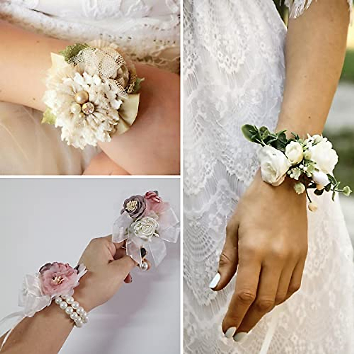 CIEOVO 12 Pieces Elastic Pearl Wrist Corsage Bands Wristlets DIY Wrist Corsages Accessories for Wedding Prom Flowers Party Supplies (White lace)