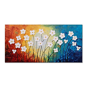 Yihui Arts Flower Pictures Wall Decor Hand Painted 3D Light Blue Yellow Red and White Canvas Oil Paintings Modern Big Horizontal Artwork for Living Room Bedroom Nursery Decoration