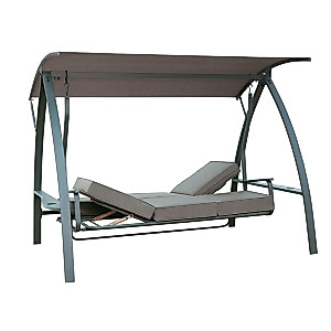 3-Seat Daybed Porch Swing with Cushions, 3 Person Patio Swinging Bench Chair, Outdoor Porch Swing with Adjustable Canopy & Weather Resistant Steel Frame(Minor Scratches)