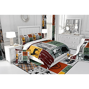 Cabin Retro Rustic Lodge Duvet Cover, Bear Deer Country Bedding Set Twin, Hunting Wild Animal Comforter Cover Plaid Check Adventure Themed Quilt Cover For Kids Boys Teens Adult Men Bedroom Decor