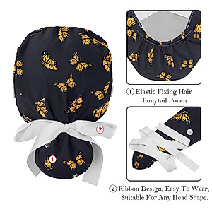 Yellow Butterfly Black Background Working Caps with Buttons, Long Hair Scrub Hats Ponytail Holder for Women