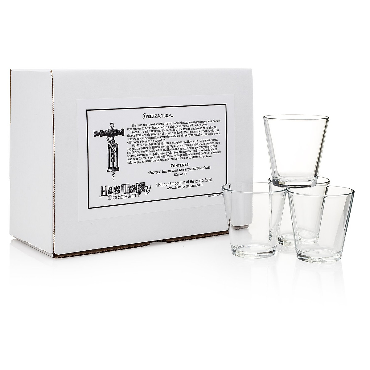 HISTORY COMPANY Enoteca Italian Wine Bar Stemless Wine Glass 4-Piece Set (Gift Box Collection)