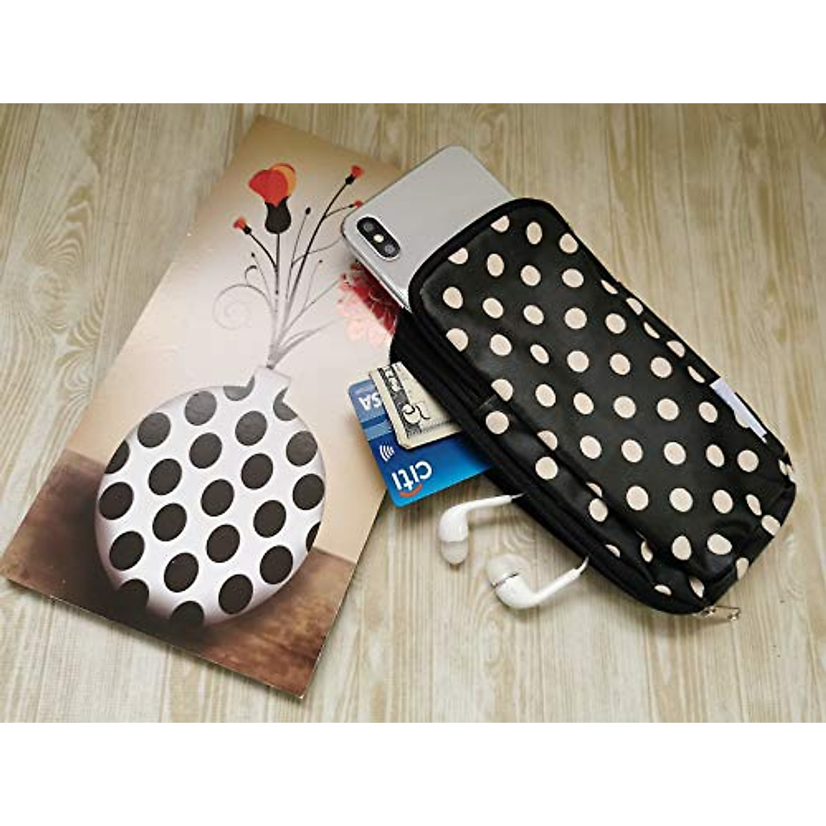 Men Women Sports Phone Pouch, Tainada Two Zippered Pouch Carry Bag for iPhone 14/13 / 12 Pro Max, Samsung Galaxy S23+ / S22+, Note 20, A54, Google Pixel 7/6, 7a / 6a (Black White Polka Dots)