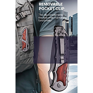 Grand Way Spring Assisted Knife - 5Cr15MoV Sharp Folding Blade - Pocket Knife with Wood Handle - Best Durable Tool for EDC Camping Survival Work - Mens Gifts Idea for Dad Husband Boyfriend 97010