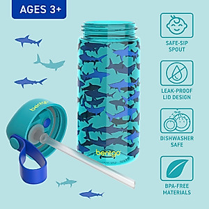 Bentgo Kids Water Bottle - Leak-Proof, Durable Tritan, BPA-Free 15 oz. Cup for Kids/Toddlers Ages 3+, Safe Sip Spout, Carrying Handle, & Dishwasher Safe for School, Sports, Daycare & Camp (Sharks)