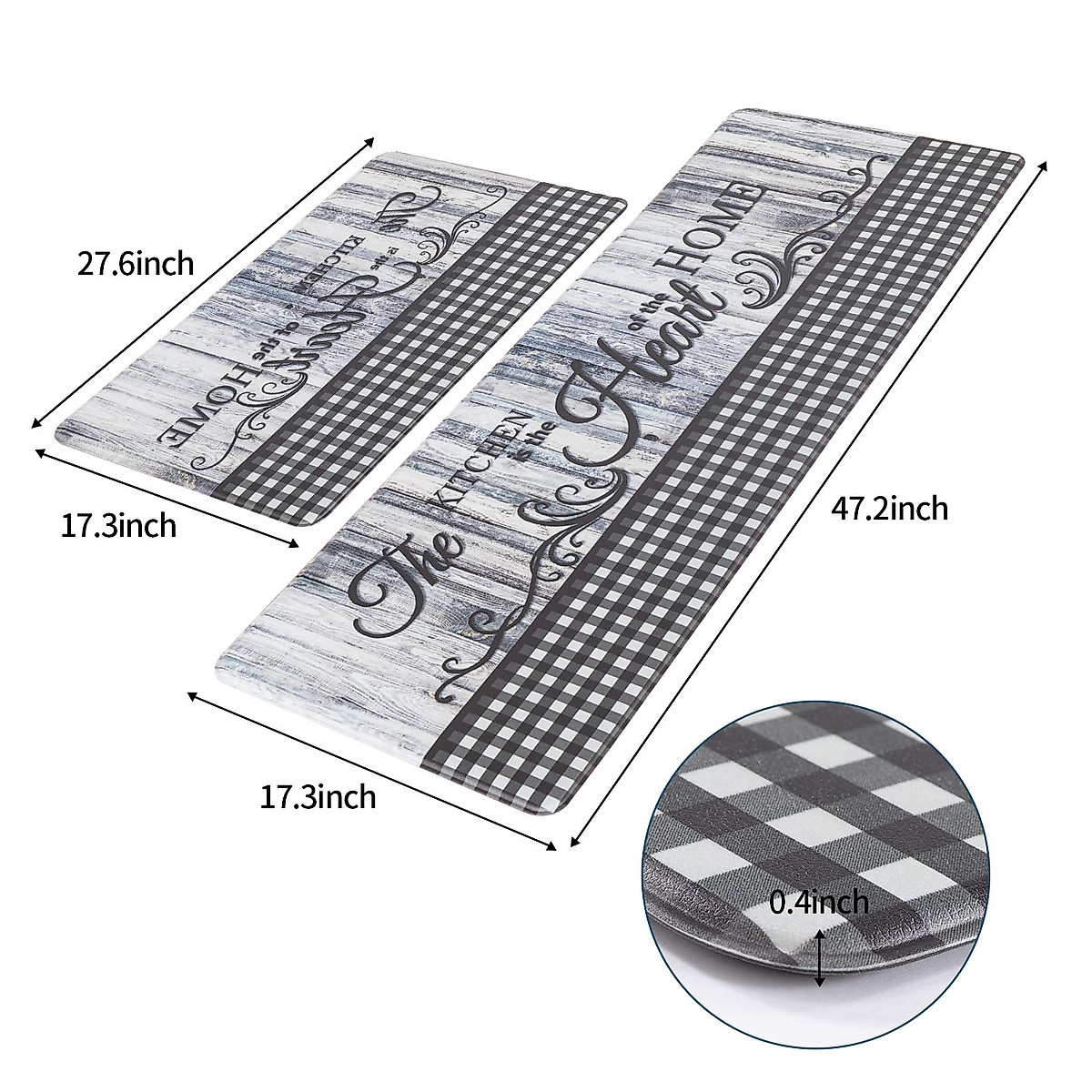 Asrug Black and White Plaid Checkered Comfort Kitchen Standing Desk Mat Anti Fatigue Ergonomic Floor Pad Rug Waterproof Stain Resistance Non Slip Kitchen Set, 17.3''x27.6''+17.3''x47.2'', Wood Plaid