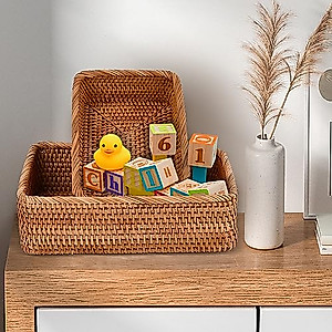 Rattan Serving Tray, Hand Woven Basket, Home Decor Organizer Tray for Breakfast, Tea, Snack, Fruit, Coffee Storage (Rec Small)