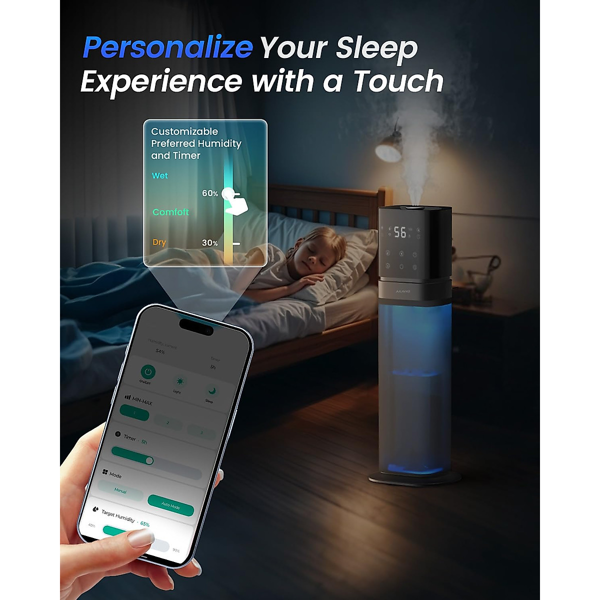 AILINKE Smart Humidifier Large Room, 2.1Gal/8L Humidifiers for Bedroom with Extended Tube&Night Light, Whole House Cool Mist Humidifiers 1000 sq.ft., WIFI App&Voice Control, School/Office/Warehouse