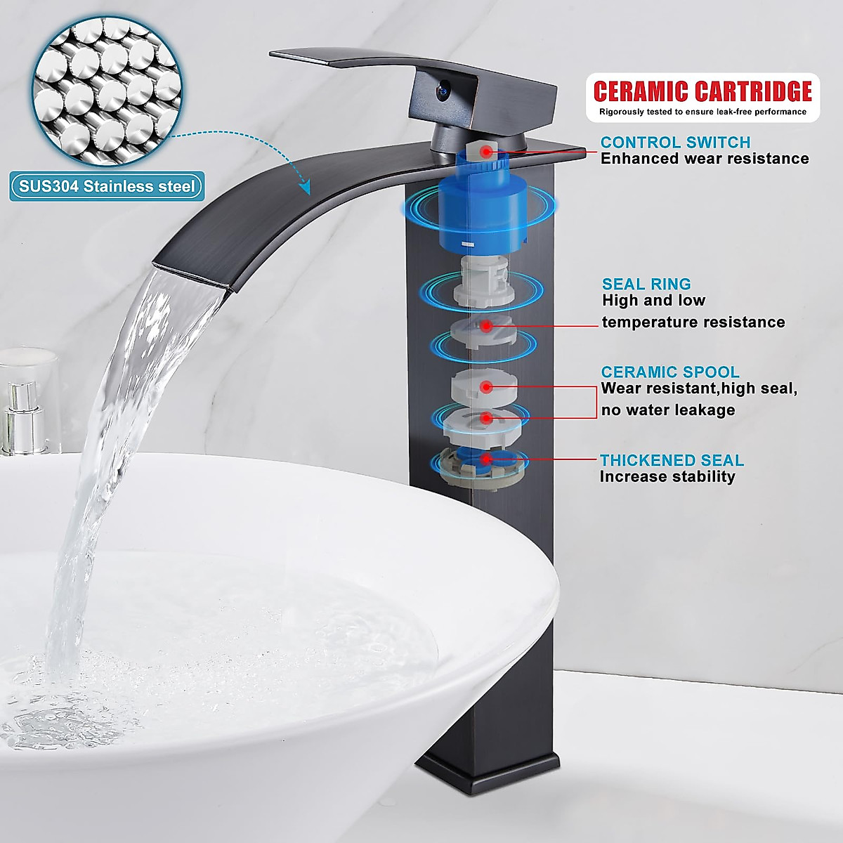 Midanya Bathroom Sink Faucet Waterfall Spout Single Handle 1 Hole Deck Mount Mixer Tap Lavatory Vanity Vessel Faucet Commercial with Pop Up Drain,Tall, Oil Rubbed Bronze