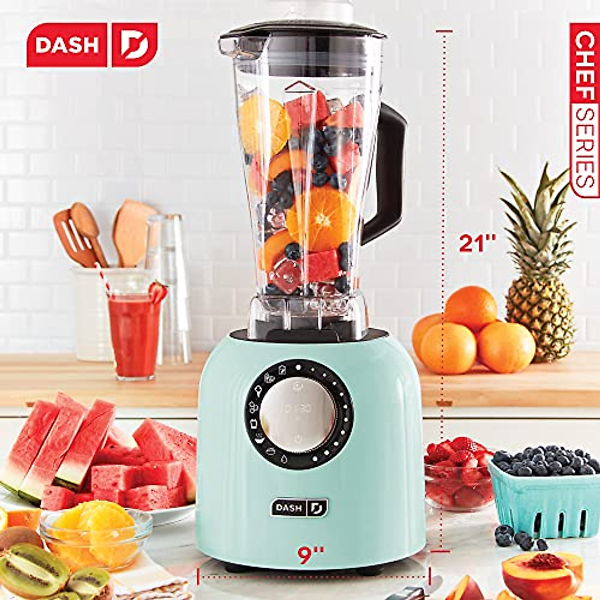 Dash Chef Series Deluxe Digital 64 oz Countertop Blender, with Stainless Steel Blades, Tritan Blending Jug, Tablet Stand & USB Charging Port, for Smoothies, Nut Butters, Purees, Soup and More - Aqua
