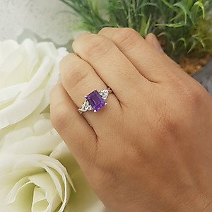 Dazzlingrock Collection 8X6 MM Emerald Cut Amethyst & Round White Sapphire Halo Engagement Ring for Her in 18K White Gold, Size 4.5