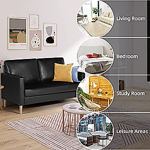 AILEEKISS Mid-Century Sectional Sofa Set Faux Leather Office 3 Pcs Couch Set with Armrest Modern Upholstered Loveseat Couches (1-Seater+1-Seater+2-Seater, Black)