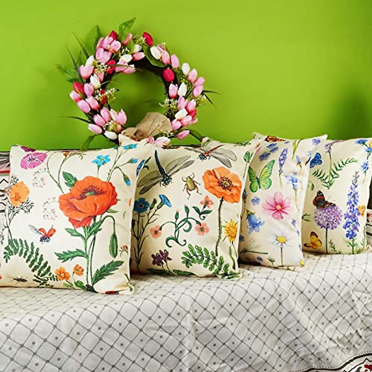 ONWAY Spring Summer Outdoor Waterproof Pillow Covers 20x20 Inch Set of 4 Floral Farmhouse Throw Pillows Decorative Cushion Cases for Outdoor Couch Sofa Patio Furniture Home Decoration