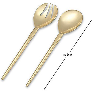 Folkulture Serving Utensils for Modern Serving and Cooking, Stainless Steel Kitchen Salad Servers or Salad Tongs, 12-Inch Serving Spoon and Fork Set for Salad, Gravies or Pasta, Gold/Brass Finish
