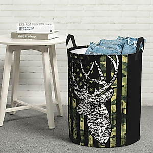 Lightweight Laundry Hamper Compatible With Deer Camo Camouflage American Flag Hunting Black Laundry Basket, Large Fabric Collapsible Clothes Hamper Easy Carrying with Handles for Boys Girls Bedroom