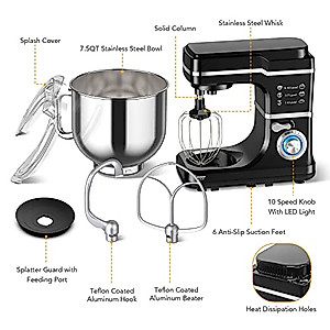 FlexWill Stand Mixer 7.5QT Dough Mixer 10 Speeds Tilt-Head Food Mixer Electric Stand Mixer with Stainless Steel Bowl, Dough Hook, Egg Whisk, Flat Beater, Splash Guard 300W Cake Mixer Black (MC1)