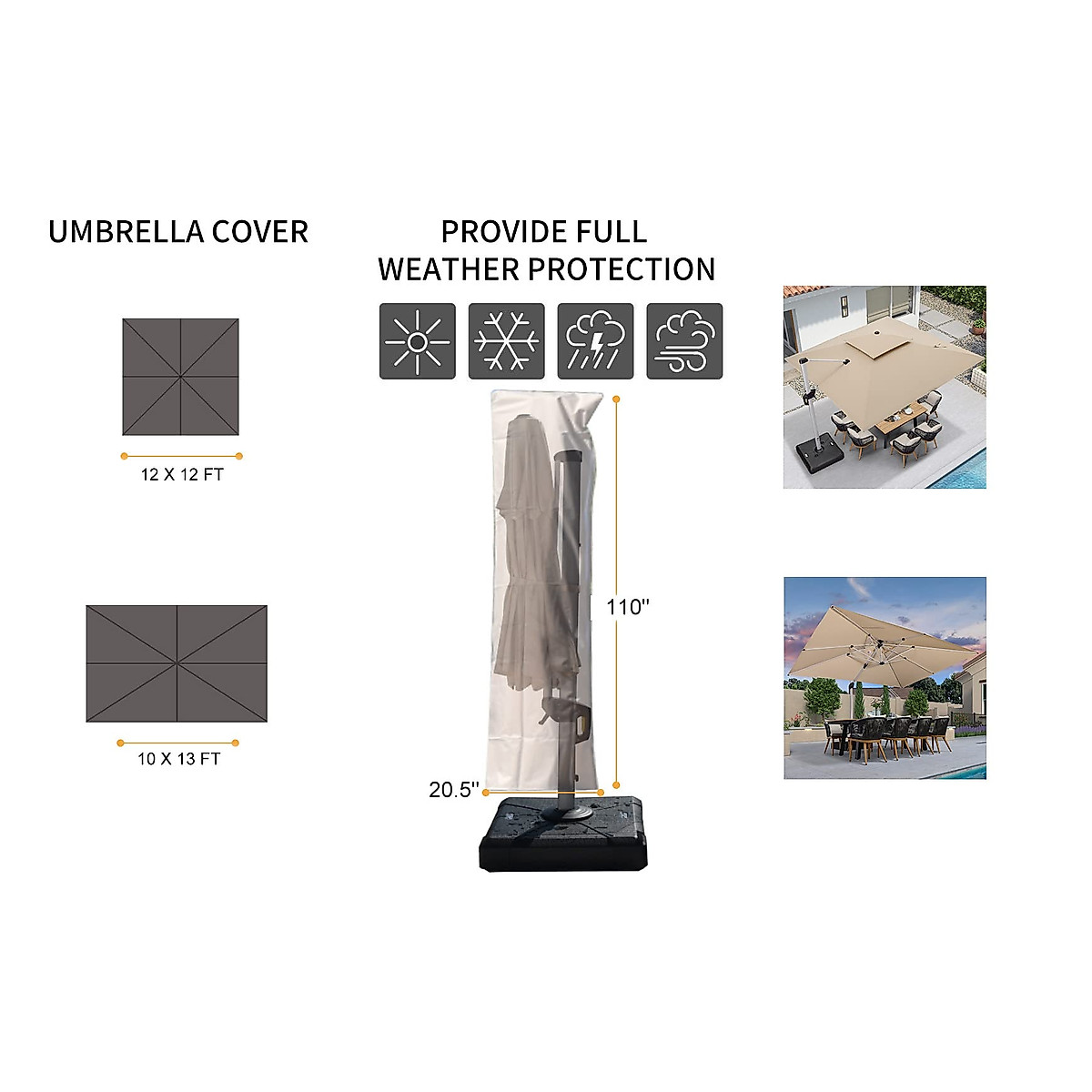PURPLE LEAF Large Patio Umbrella Parasol Cover UV Resistant Outdoor Offset Cantilever Umbrella Cover with Zipper and Rod, Beige