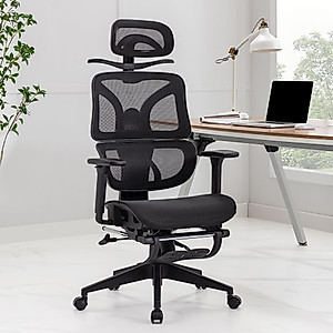 VECELO Swivel Ergonomic High Back Mesh Office Chair with Retractable Footrest, Adjustable Backrest, Tilt Function, 3D Armrests & Headrest, Lumbar Support for Executive/Computer Desk/Task Work, Black