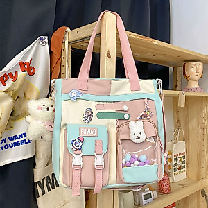 Aesthetic Messenger Bag with Kawaii Pins and Pendant for Women Cute Crossbody Bag Shoulder Tote Bag Casual Handbag(Pink &Green, One Size)