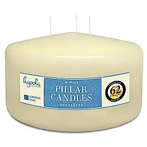 HYOOLA Ivory Three Wick Large Candle - 6 x 3 Inch - Unscented Big Pillar Candles - 62 Hour - European Made