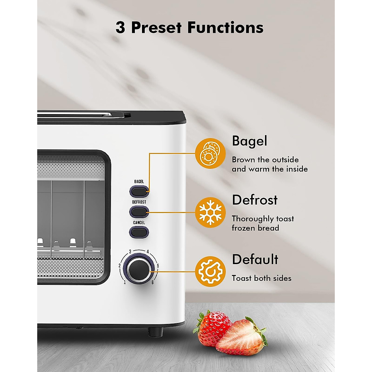 Clear View Toaster, LONGDEEM 1.75'' Extra Long Slot Glass Toasters Stainless Steel 2 Slice with 6 Browning Control for Bagel, Defrost & Auto Shut Off with Removable Crumb Tray, White