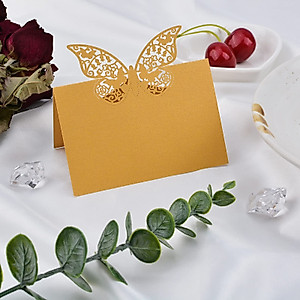 URROMA 3D-Butterfly Place Cards, 50 Pcs Gold Name Place Cards Laser Cut Design Table Cards Guest Name Food Signs for Table Setting Reception Party