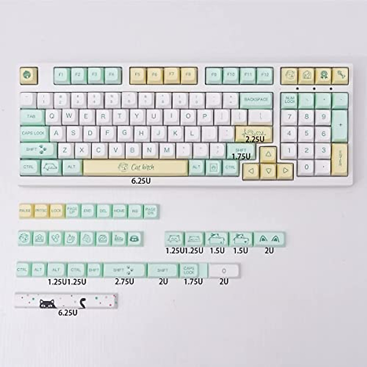 PBT Cat White Cyan Keycaps Set XDA Profile 130 Keys Custom Dye-Sub Cute Keyboard Keycaps for 60% 65% 70% 100% Cherry Gateron MX Switches Mechanical Keyboards