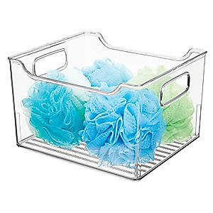 mDesign Large Deep Plastic Storage Bin with Handle for Bathroom/Vanity Organization - Countertop Makeup Organizer - Organization for Shelf, Cabinet, and Closet Decor - Ligne Collection, 4 Pack, Clear