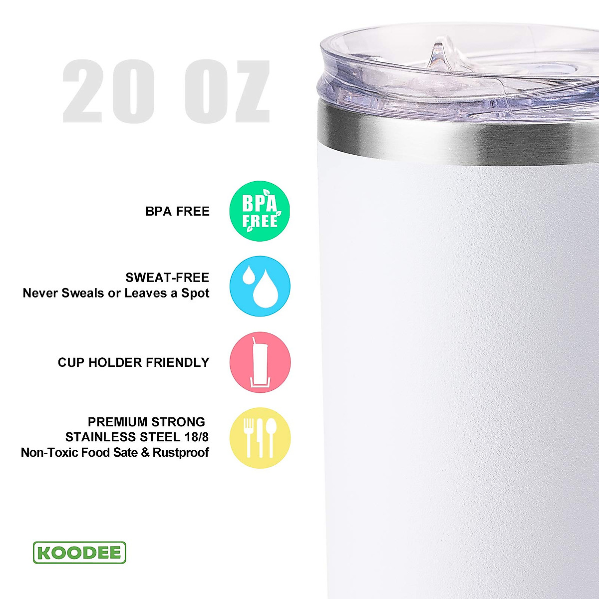 koodee 20 oz Skinny Tumblers (4 Pack) Stainless Steel Insulated Tumbler with Lids, Straws and Straw Brushes（Teal/Pink/Black/White）