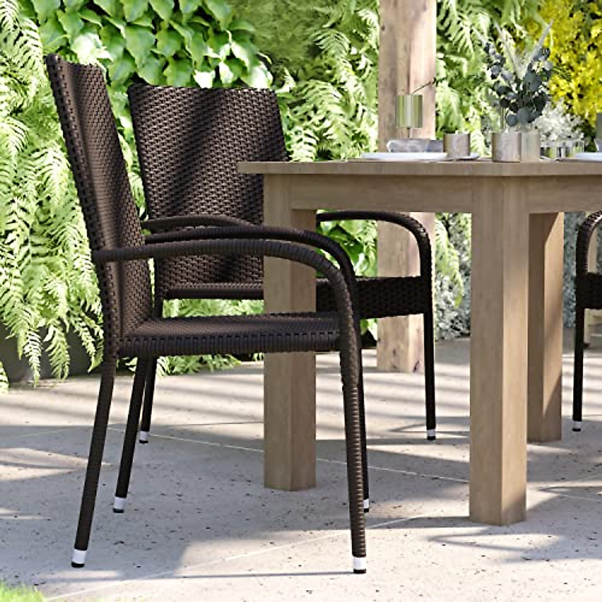 Flash Furniture Indoor/Outdoor Dining Chairs with Arms Wicker Wrapped Steel Frames, 4 Pack, Espresso