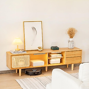 Tiita Rattan TV Stand for 55 60 Inch TV, Bamboo TV Cabinet with 2 Drawers, Boho Entertainment Center with Adjustable Shelf, Mid Century Modern Media Console for Bedroom, Living Room, Study