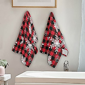 Christmas Snowflake Red Buffalo Check Plaid Hand Bath Towel Highly Absorbent Soft Hanging Towels Winter Holiday Snow Snowman Xmas Rustic Kitchen Dish Towel Set Washcloth 2pcs