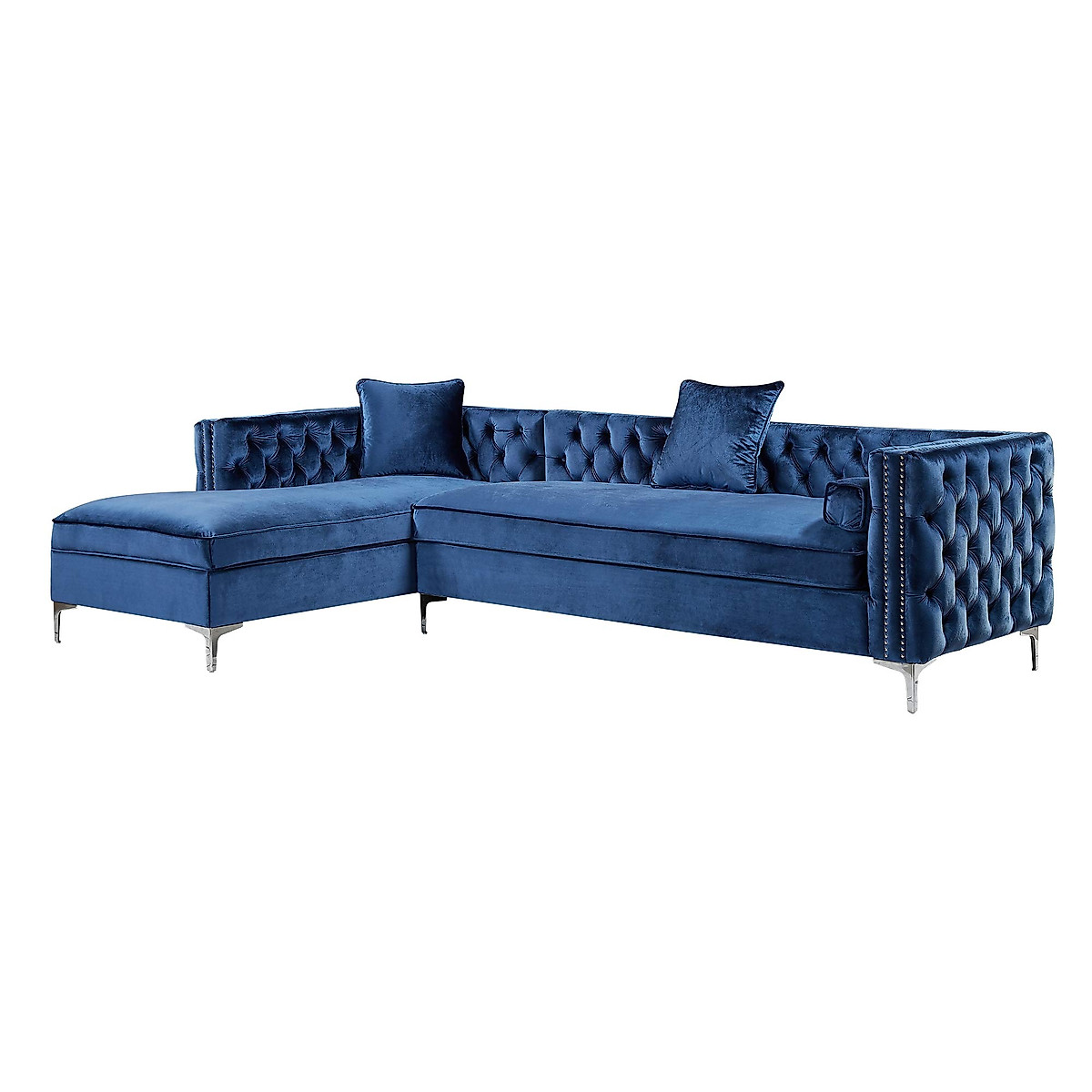 Inspired Home Navy Chaise Sectional Sofa - Design: Giovanni | 115" Left Facing | Velvet | Storage | Metal Legs | Tufted Design