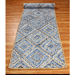CASAVANI Indian Hand Braided Rag Rug Geometric Blue & Beige Cotton Chindi & Jute Rug Best Uses for Living Room,Hallway Runner Rug,Stair Runner Rug & Kitchen 2.6x8 2.6x10 8x11 Feet